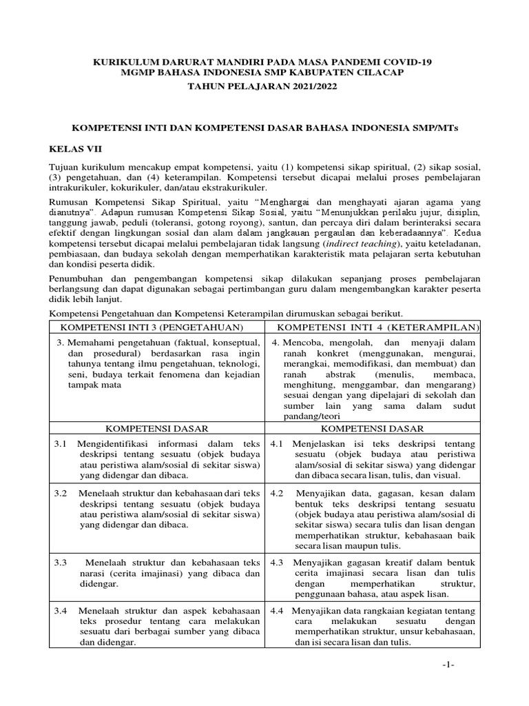 KIKD Bahasa Indonesia MGMP SMP Cilacap | PDF