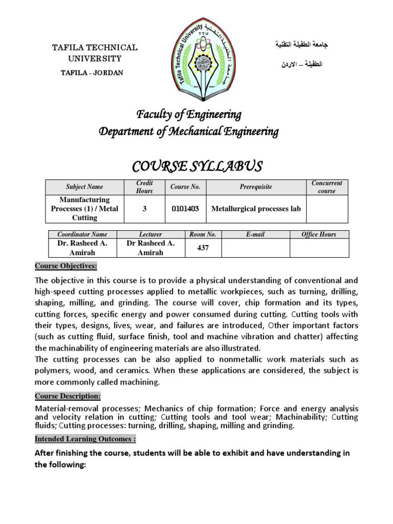 Course Syllabus for Manufacturing Processes (1) / Metal Cutting at ...