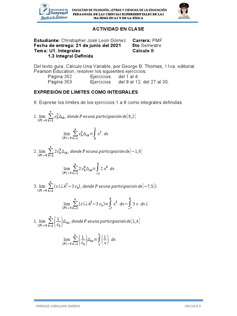U1 - Deber - I - Integral Definida Por Christopher Leon Gomez | PDF | Integral | Análisis