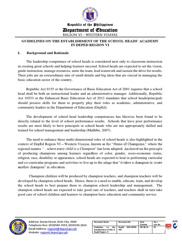 SHA Guidelines for DepEd Region VI | PDF | Leadership | Leadership