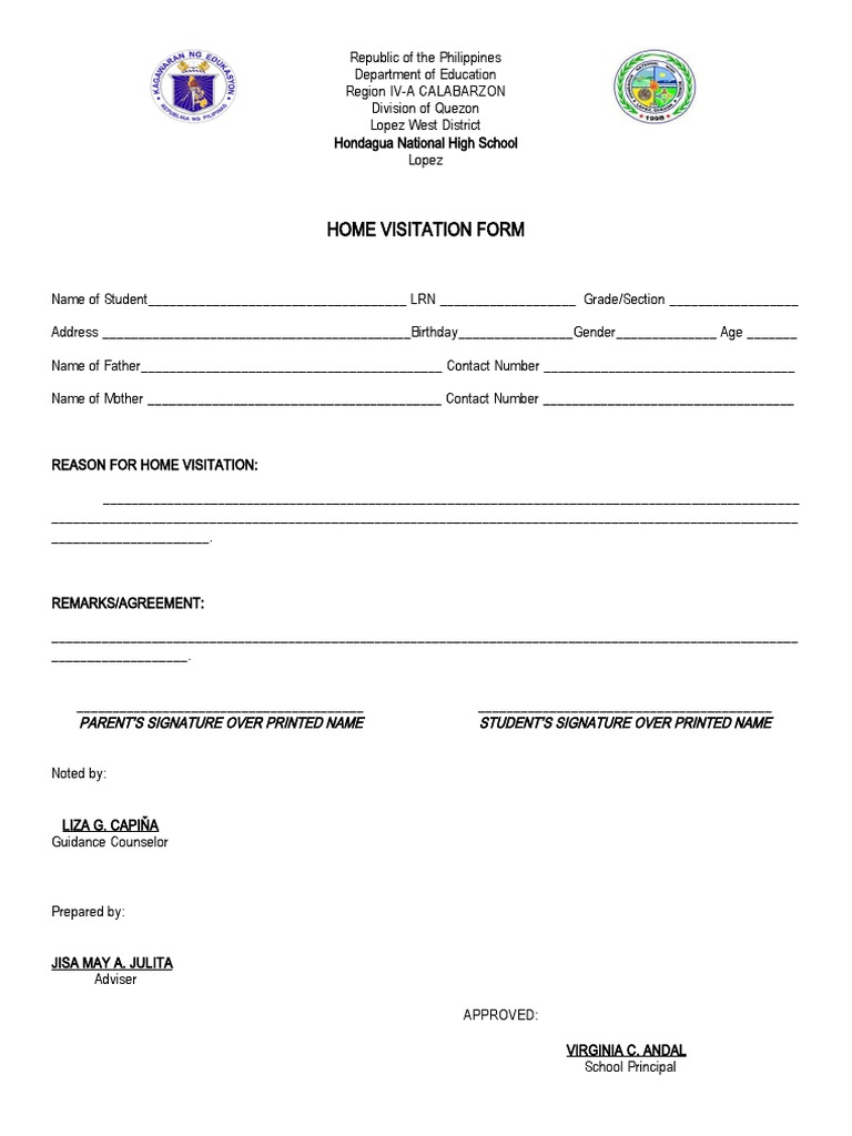 Home Visitation Form: Parent'S Signature Over Printed Name Student'S ...