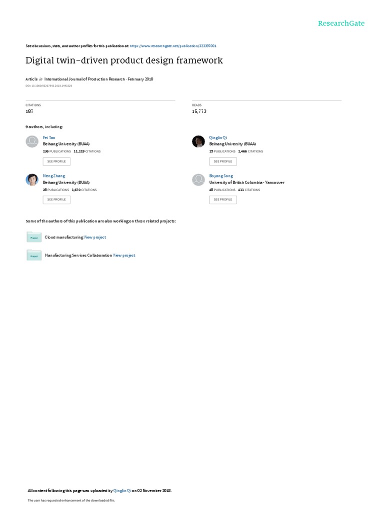 Digital Twin-Driven Product Design Framework: International Journal of Production Research ...