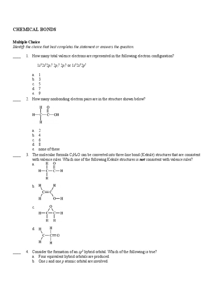 Chemical Bond Quiz | PDF | Chemical Bond | Valence (Chemistry)