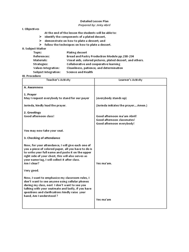 Detailed Lesson Plan | PDF | Desserts | Lesson Plan