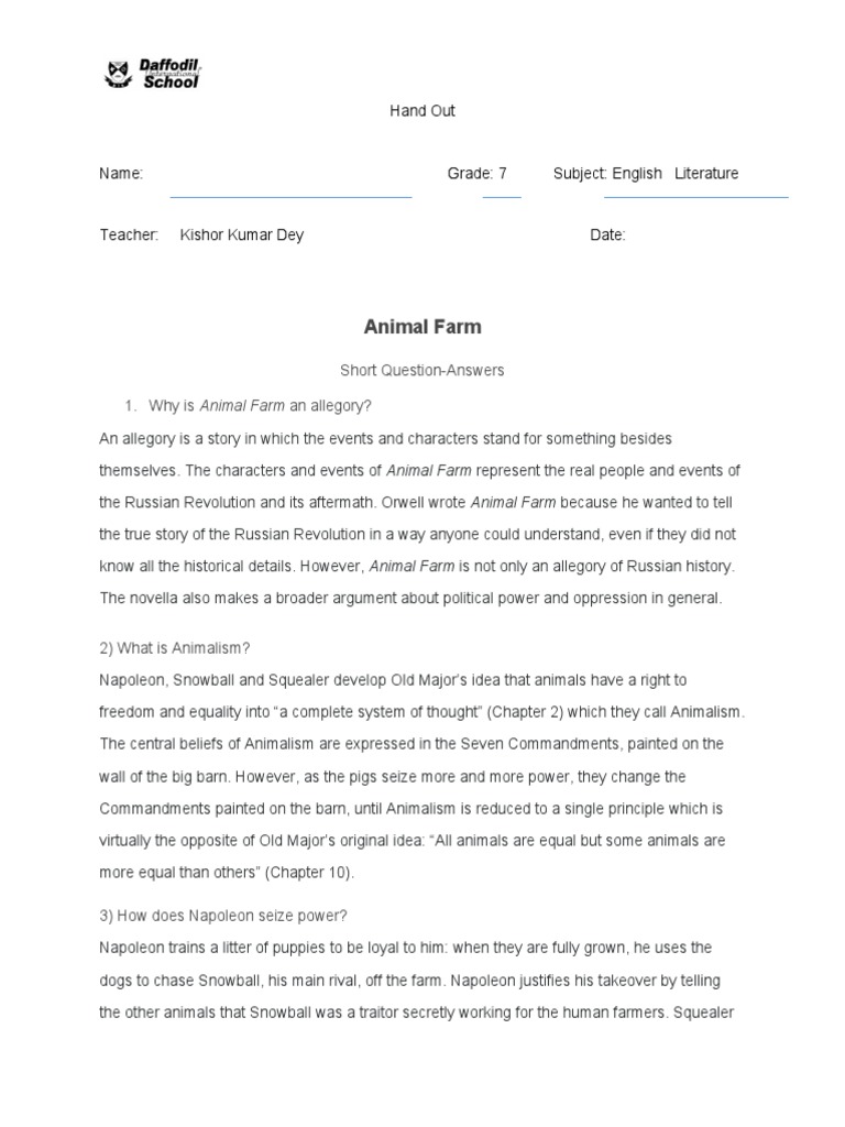 Animal Farm Short Question Answers HO 1 2 | PDF