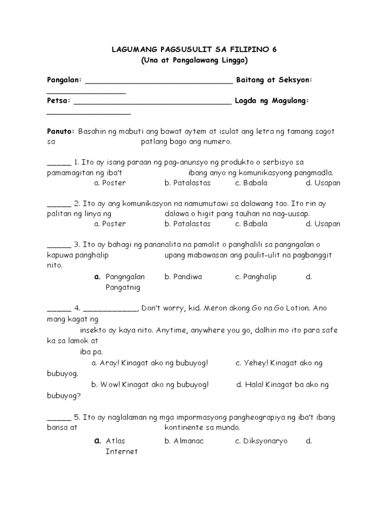 Lagumang Pagsusulit Sa Filipino 6 w1&2 | PDF