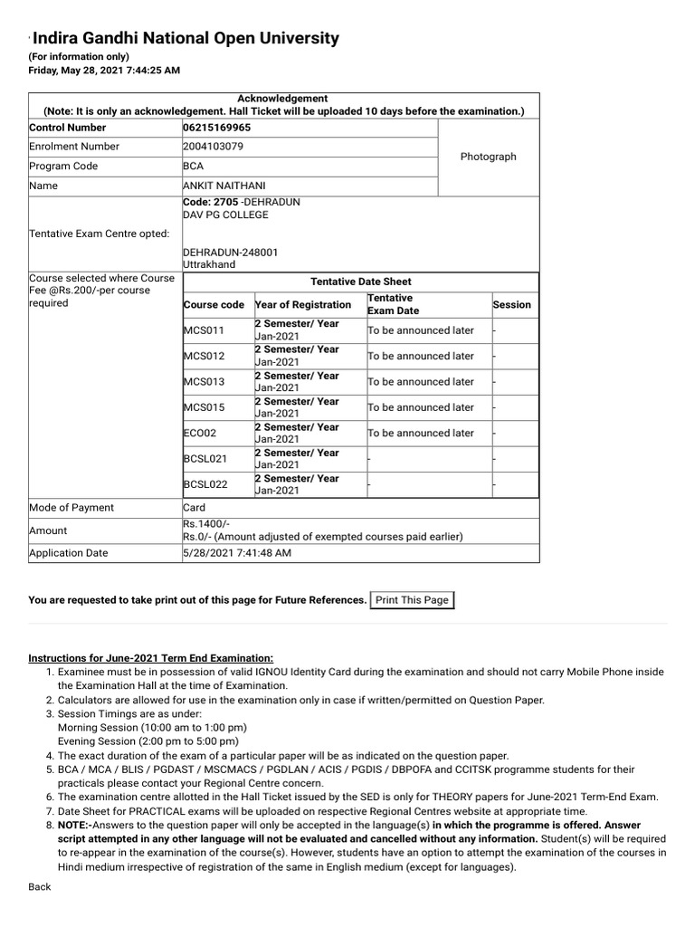 Ignou Bca 2nd Semester Examination Form | PDF