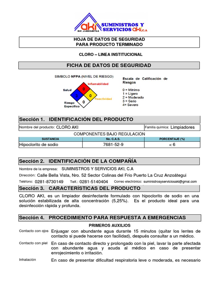Hoja Seguridad Cloro | PDF | Cloro | Agua