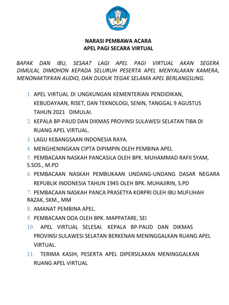 Teks MC Apel Pagi Virtual Sekolah | PDF