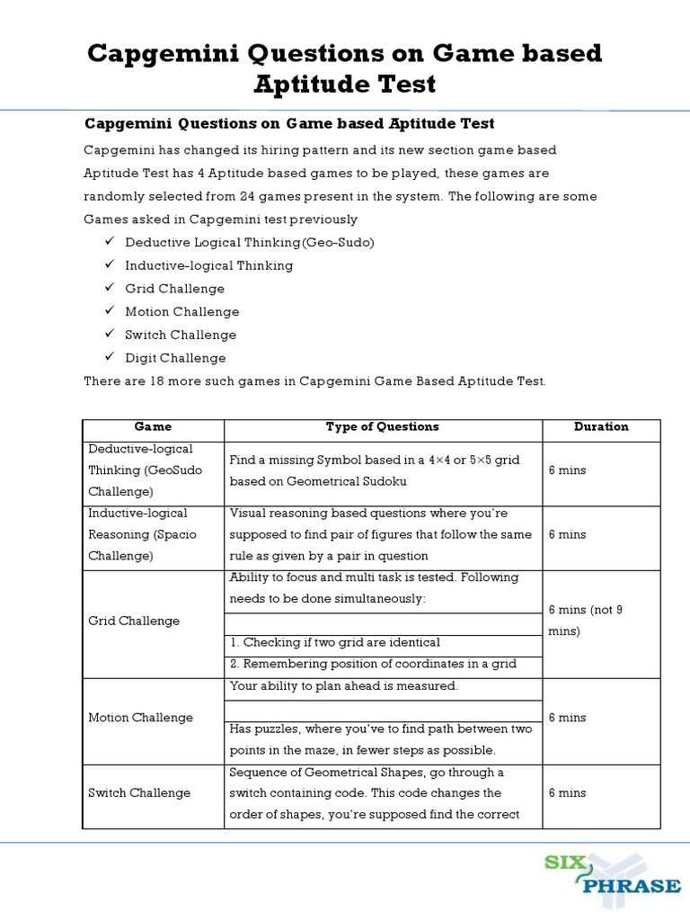 Capgemini Questions On Game Based Aptitude Test | PDF | Reason ...