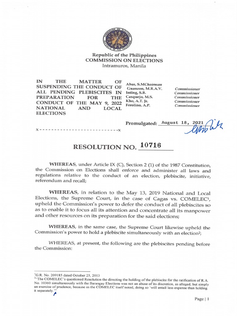 Comelec Resolution 10716 | PDF