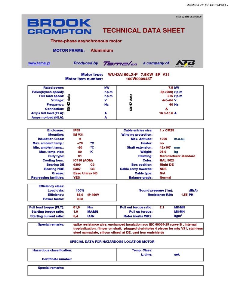 Technical Data Sheet: Three-Phase Asynchronous Motor Aluminium | PDF ...