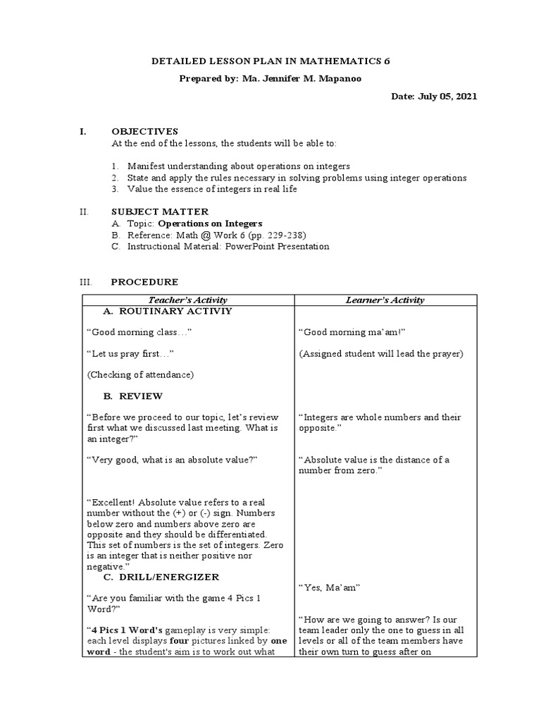 Detailed Lesson Plan In Mathematics 6 Pdf Subtraction Elementary