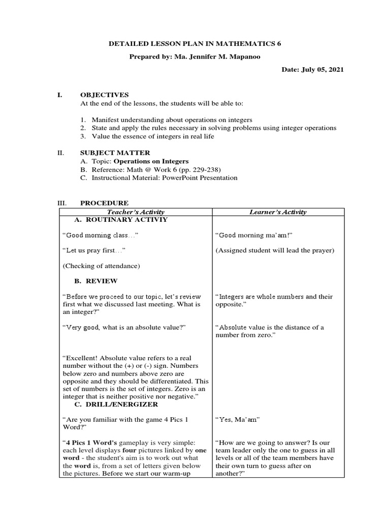 Detailed Lesson Plan - Operations On Integers | PDF | Subtraction ...