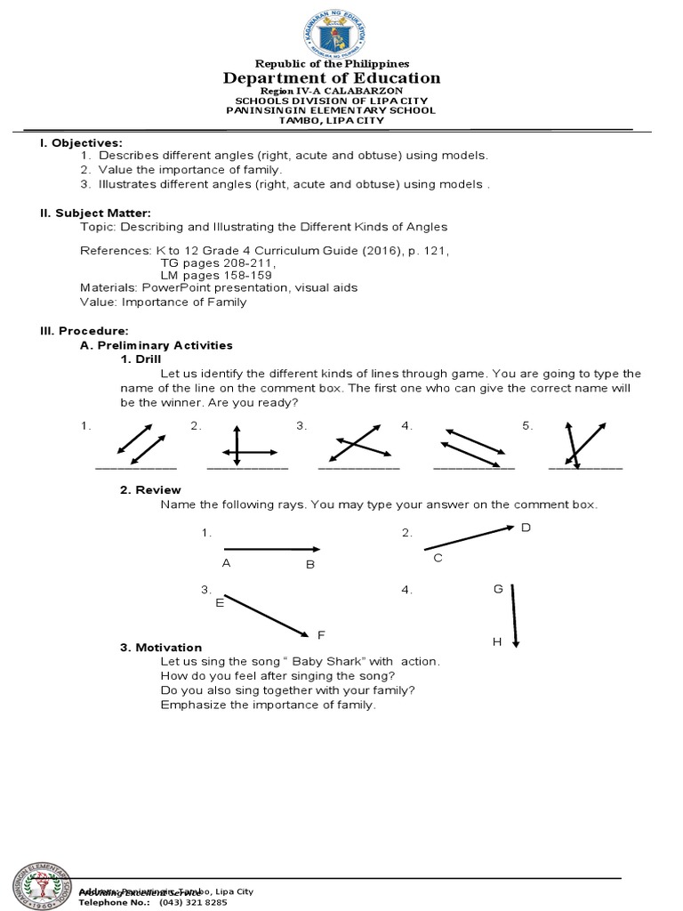 Lesson Plan in Mathematics 4 | PDF | Angle | Teaching