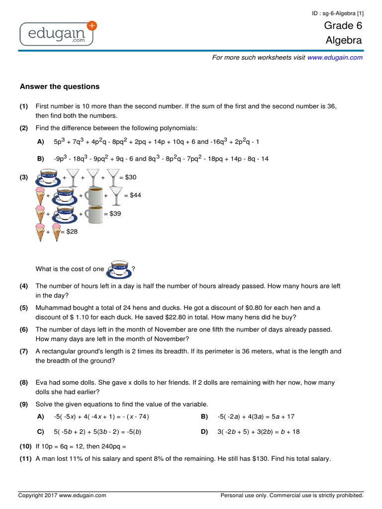 Grade 6 Algebra: Answer The Questions | PDF | Numerical Analysis ...