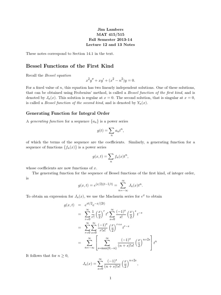 Generating Functions And Recurrence Relations For Bessel Functions Of The First Kind Pdf