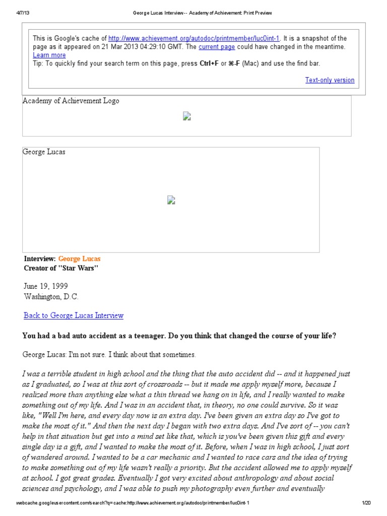 George Lucas Interview - Academy of Achievement - Print Preview | PDF ...