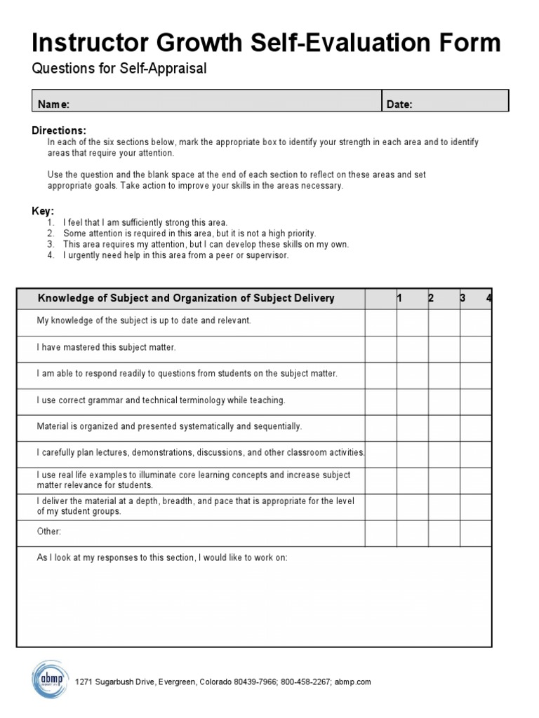 Instructor Growth Self-Evaluation Form: Questions For Self-Appraisal | PDF | Learning Styles ...