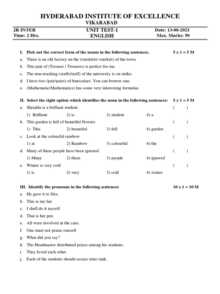 Junior English Unit Test-1 | PDF | Linguistic Typology | Language Families