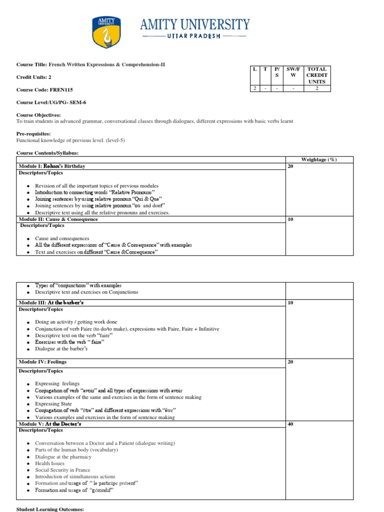French Written Expression and Comprehension - II (FREN115) | PDF | Verb ...