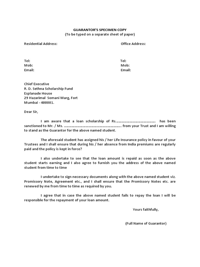RDSSF Guarantor's Specimen Letter | PDF