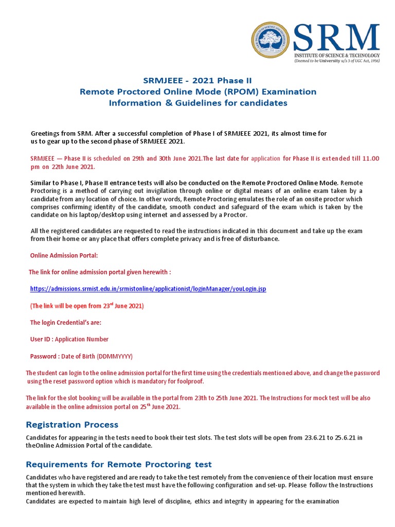 SRMJEEE 2021 Phase II RPOM Guidelines | PDF | Test (Assessment) | Laptop