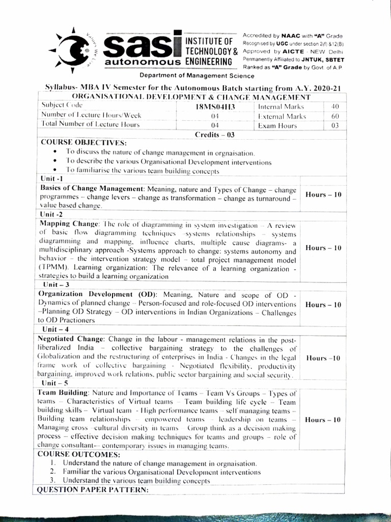 MBA Change Management Syllabus | PDF | Organization Development | Cognition