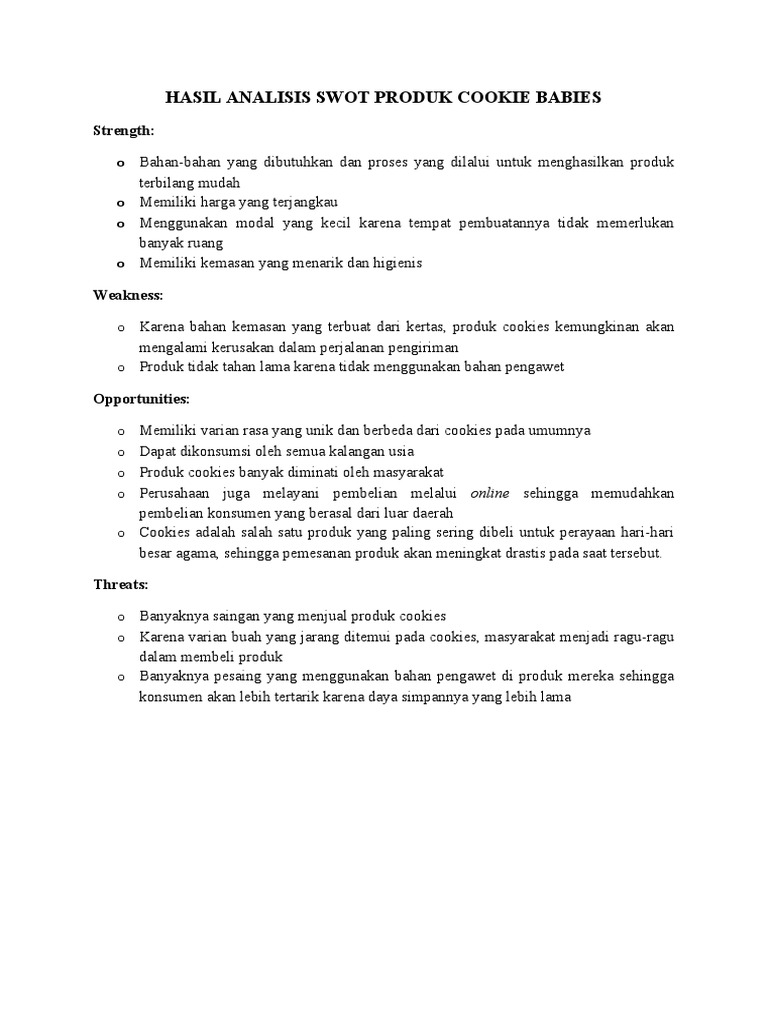 Hasil Analisis Swot Produk Cookie Babies | PDF