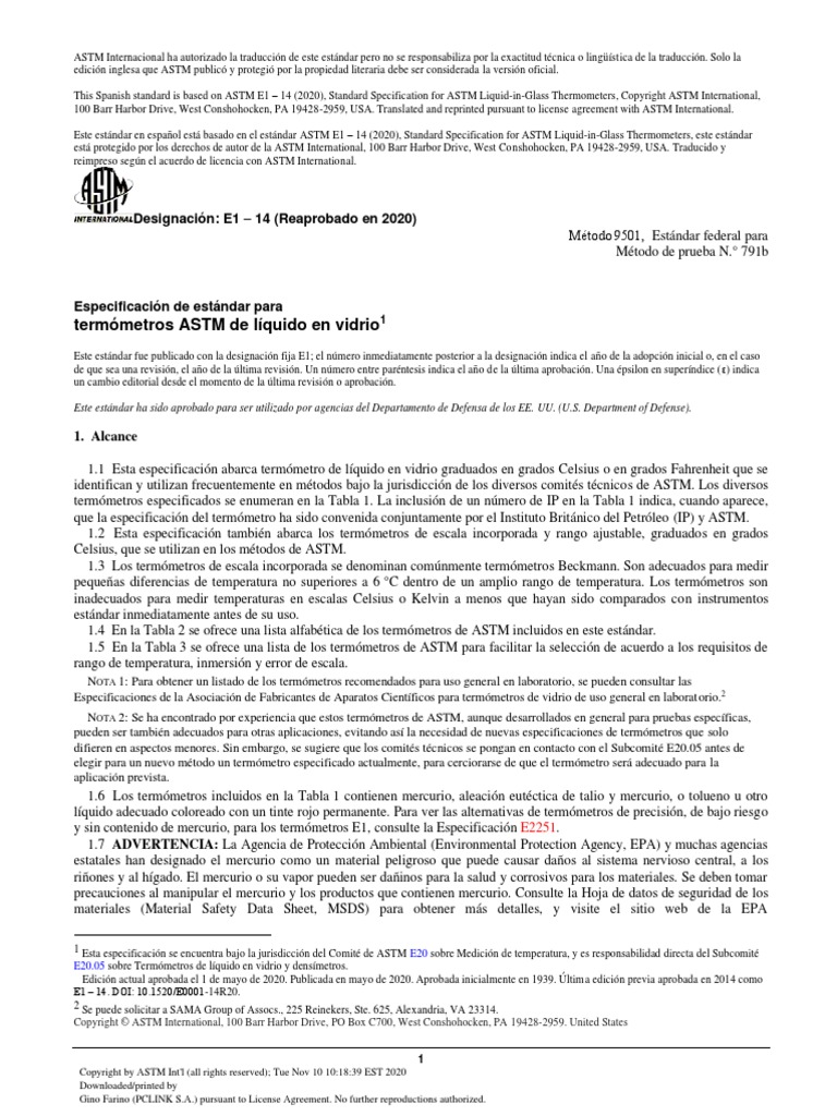 Astm E1-14 (2020) | PDF | Mercurio (Elemento) | Temperatura