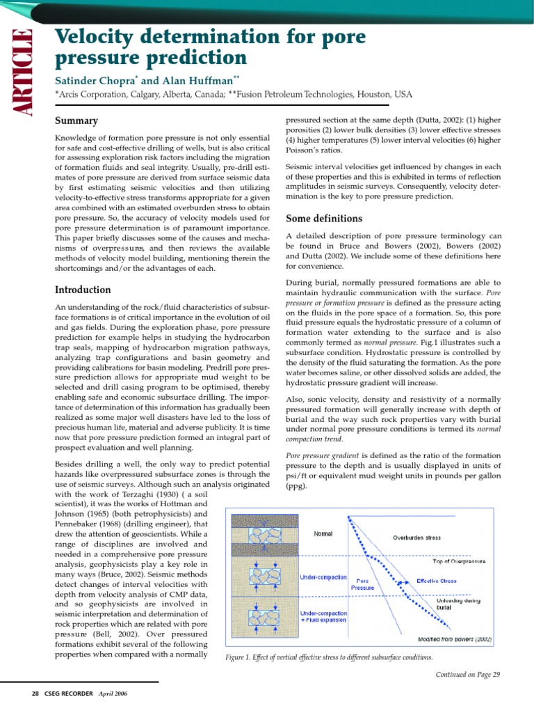 Velocity Determination For Pore Pressure Prediction Pdf Porosity
