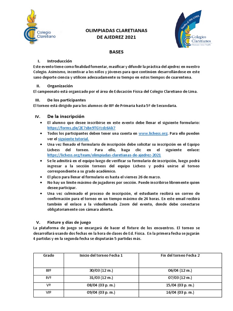 Bases Olimpiadas Ajedrez 2021 | PDF