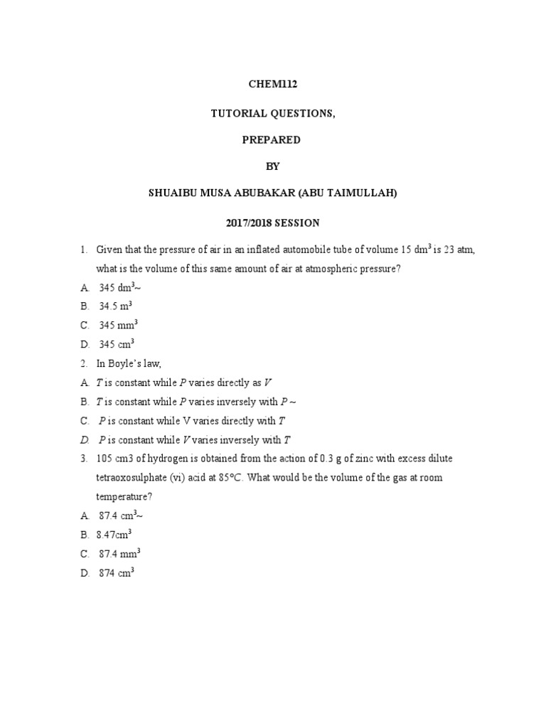 Chemistry Tutorial Questions 2017-2018 | PDF | Chemical Equilibrium ...