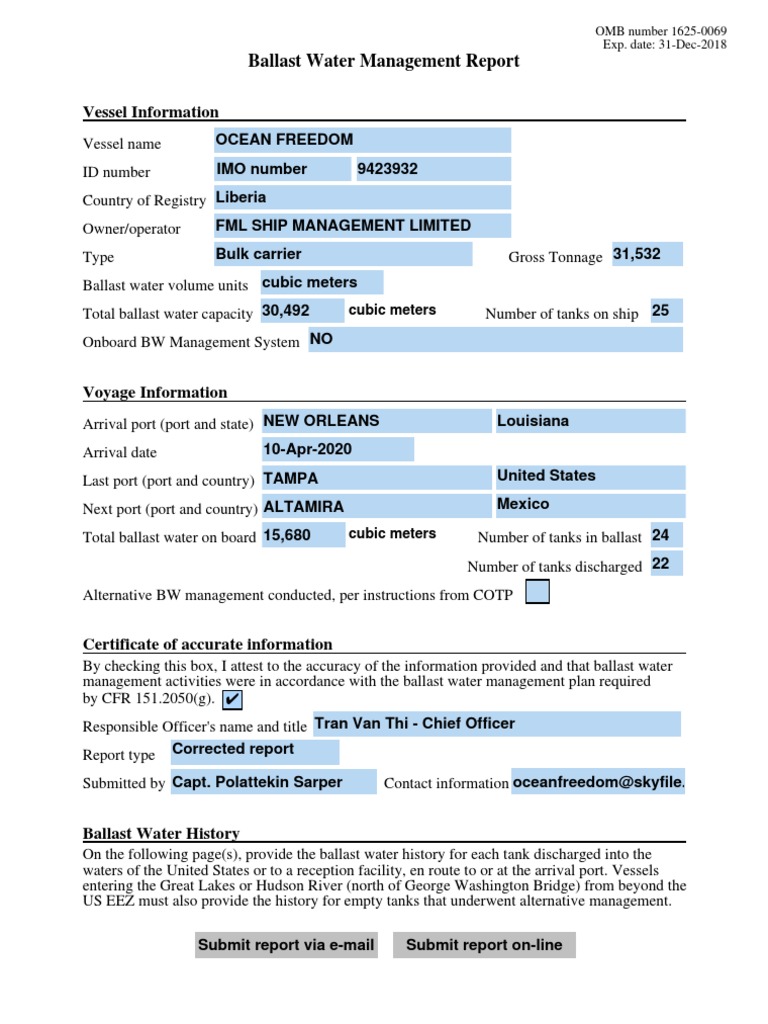 Ballast Water Management Report: Vessel Information | PDF | Volume | Port