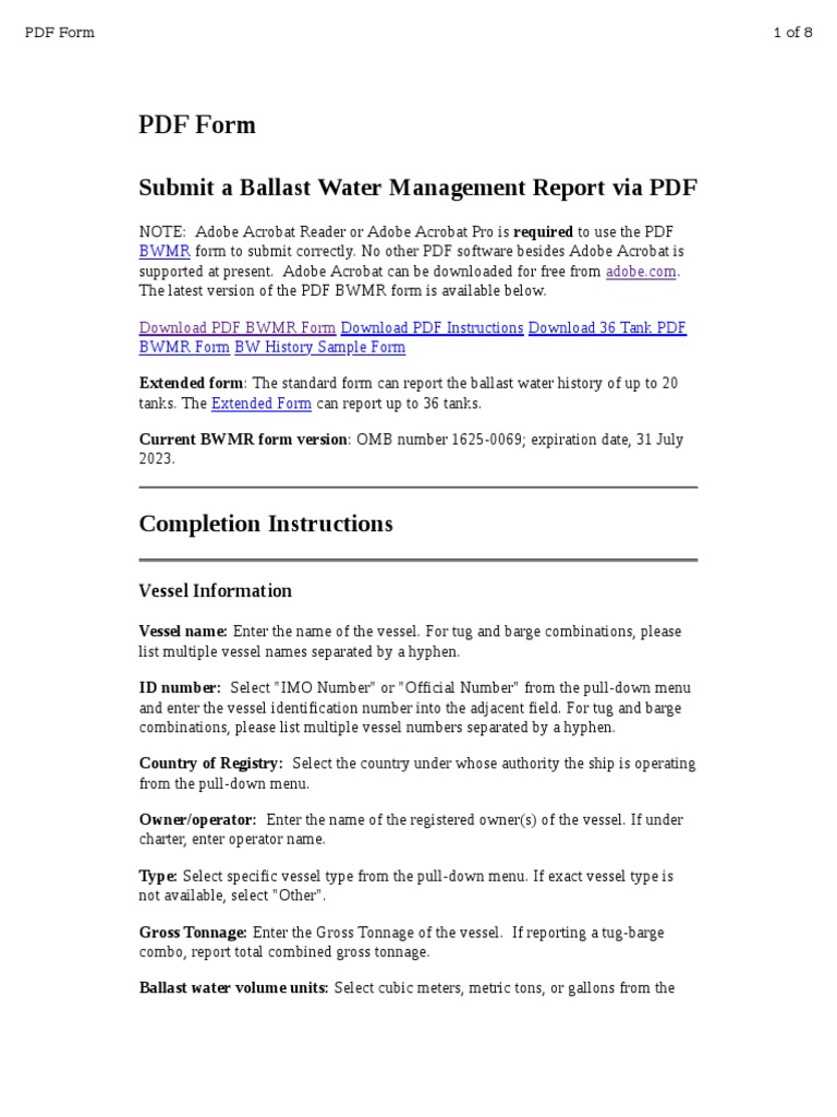 PDF Form: Submit A Ballast Water Management Report Via PDF | PDF | Tonnage | Water