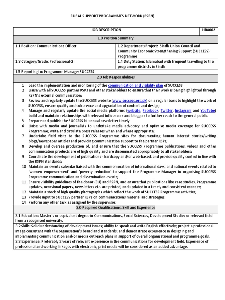 Job Description HR#002: Communication and Visibility Plan | Download ...