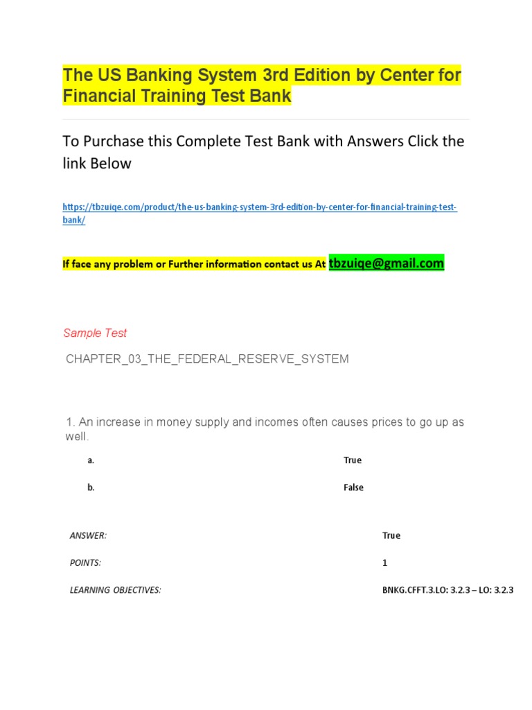 The US Banking System 3rd Edition by Center For Financial Training Test ...