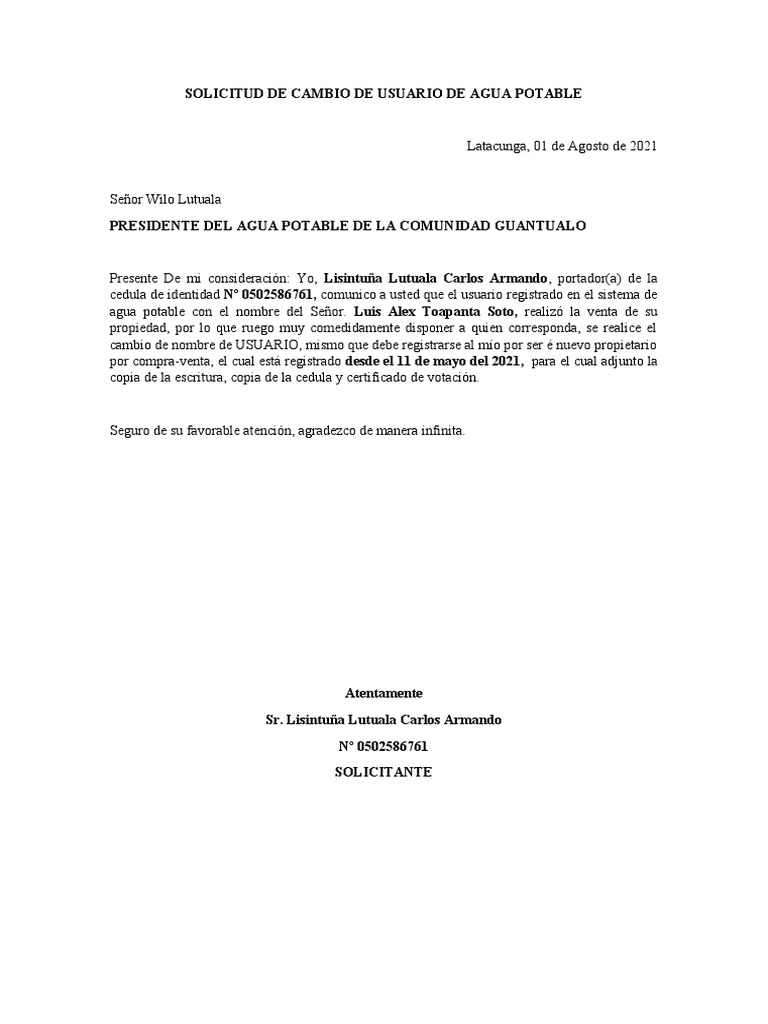 Solicitud de Cambio de Usuario de Agua Potable | PDF
