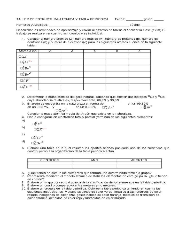 Taller de Estructura Atomica y Tabla Periodica | PDF | Tabla periódica ...