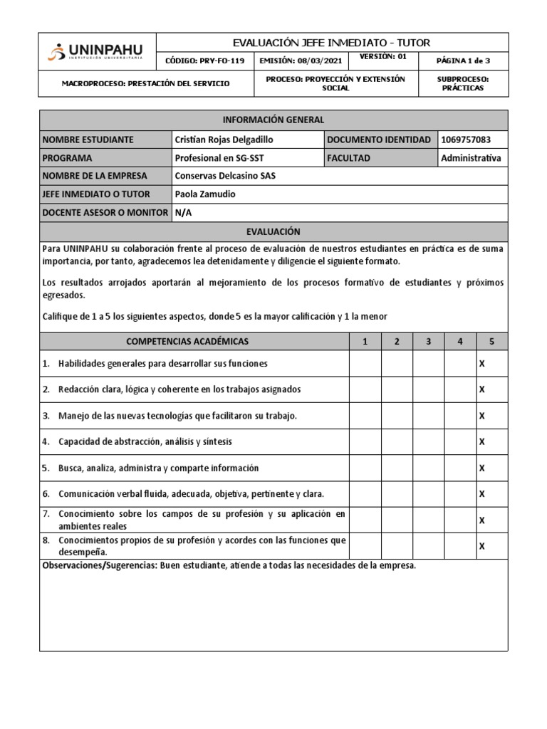Formato de Evaluación Jefe Inmediato - Tutor | PDF | Evaluación