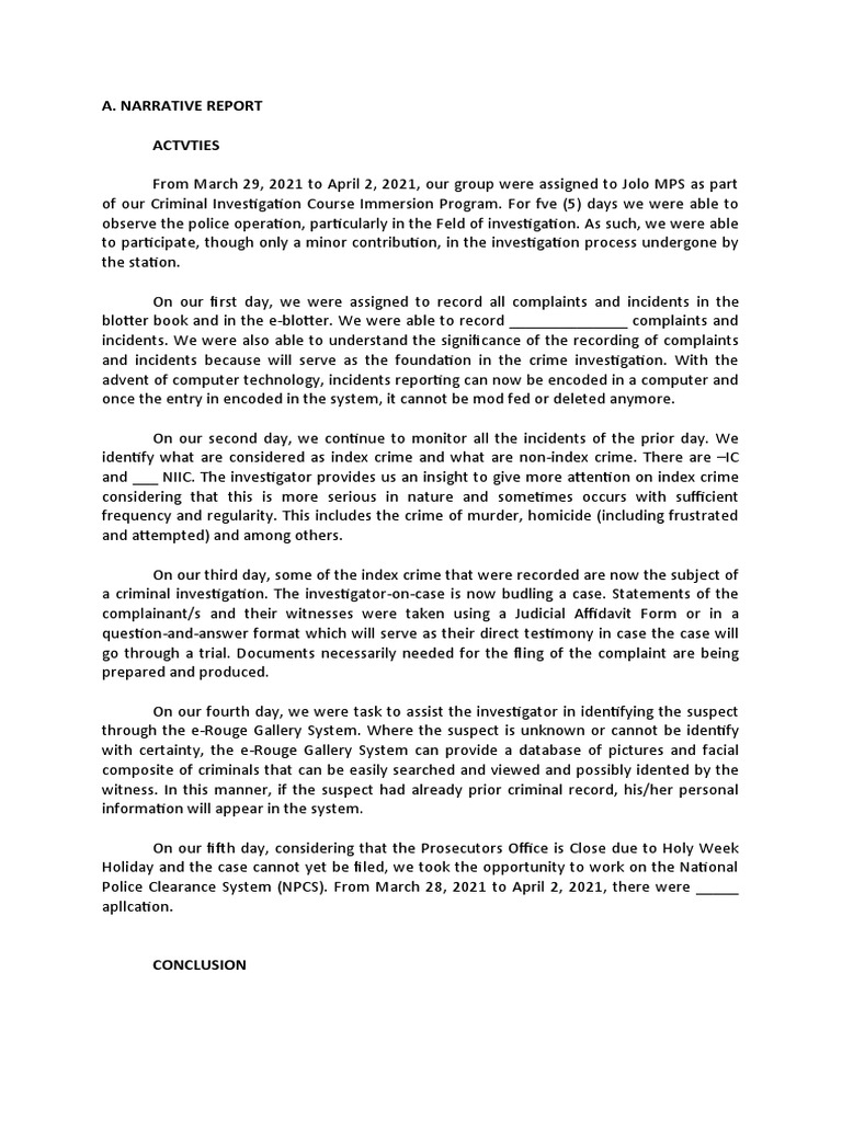 A. Narrative Report Actvties | PDF | Police | Justice