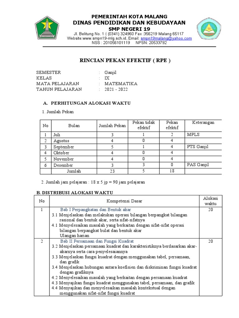 RPE Dan PROTA GANJIL 2021-2022 KLS 9 | PDF