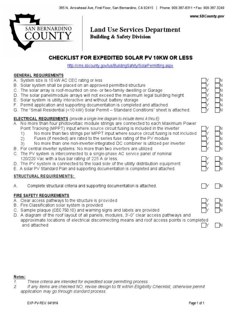 Expedited Solar PV Permit Checklist | PDF | Photovoltaic System ...
