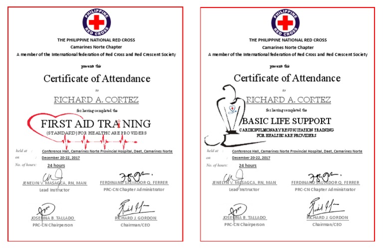 First Aid Tra Ning: Certificate of Attendance Certificate of Attendance ...