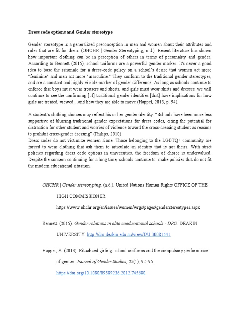 Dress Code Options and Gender Stereotype: OHCHR - Gender Stereotyping ...