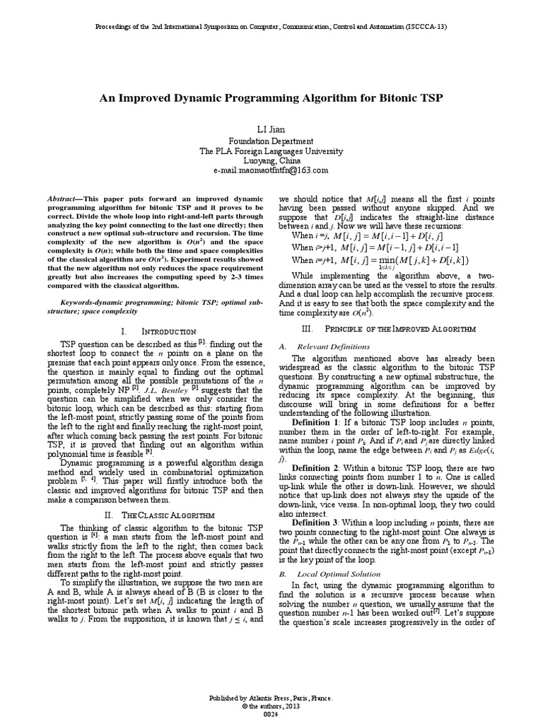 An Improved Dynamic Programming Algorithm For Bitonic TSP: LI Jian | Download Free PDF ...