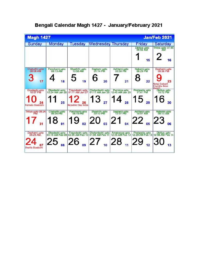 2021 Bengali Calendar 1427 To 1428 | PDF