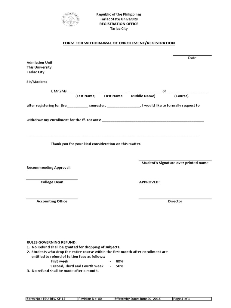 Form For Withdrawal of Enrollment/Registration | PDF