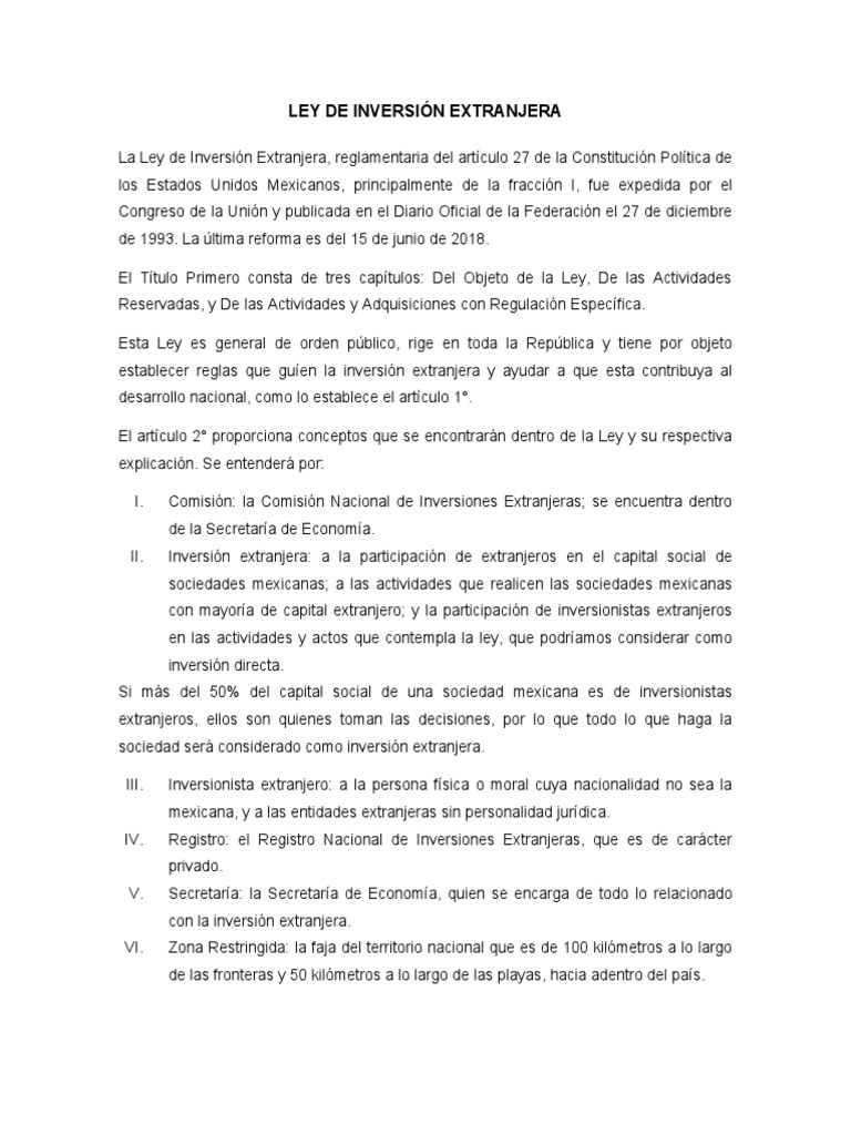 Ley de Inversión Extranjera. Resumen. FDDATU. | PDF | México | Ley de ...