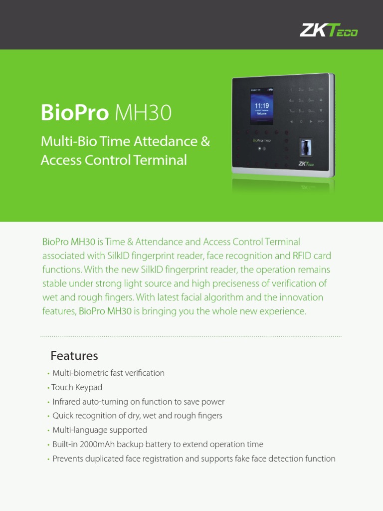 Biopro Mh30: Multi-Bio Time Attedance & Access Control Terminal | PDF ...